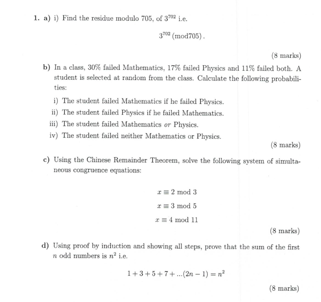 Solved 1. a) i) Find the residue modulo 705 , of 3702 i.e. | Chegg.com