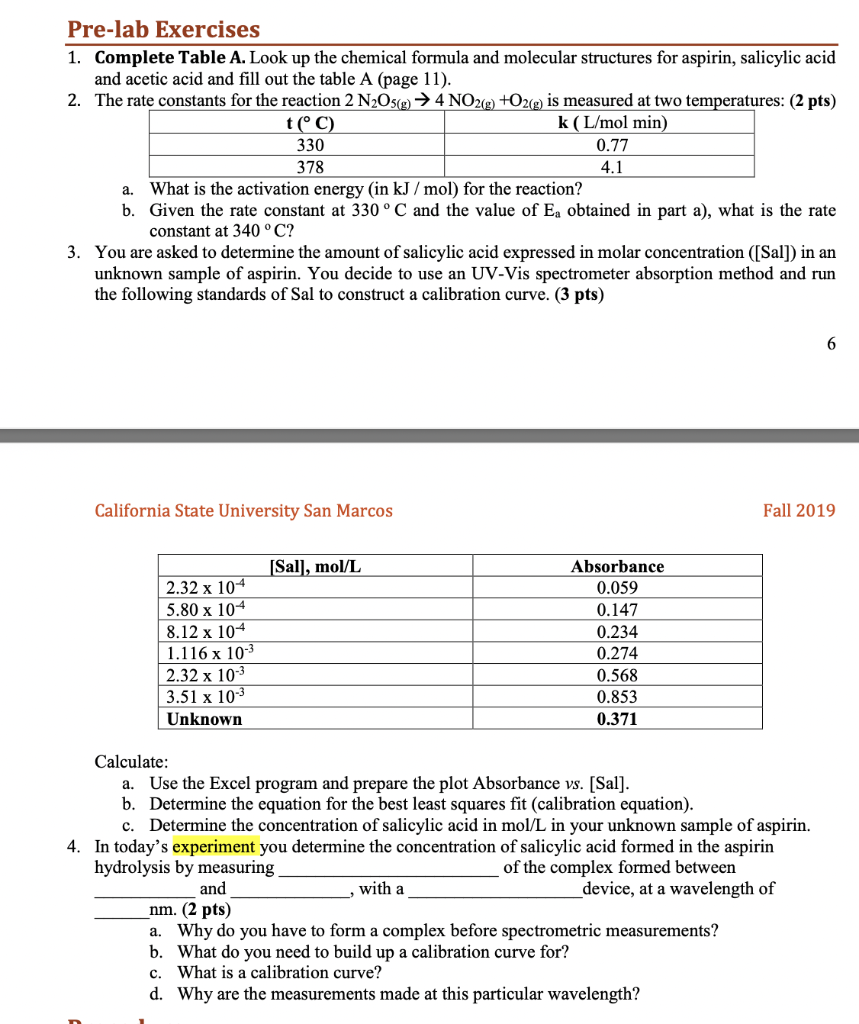 Pre-lab Exercises 1. Complete Table A. Look up the | Chegg.com