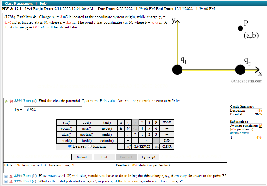 Solved (17\%) Problem 4: Charge q1=2nC is located at the | Chegg.com