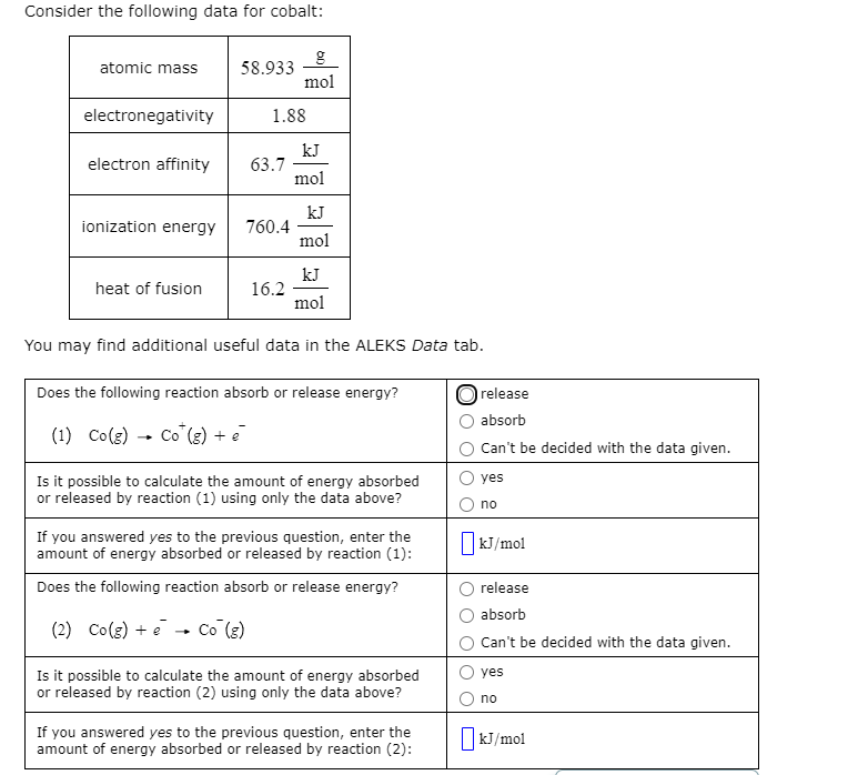 Solved Consider the following data for cobalt: atomic mass | Chegg.com