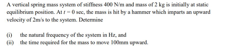 Solved A vertical spring mass system of stiffness 400 N/m | Chegg.com