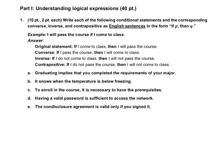 Solved Part I: Understanding logical expressions (40 pt.) 1. | Chegg.com