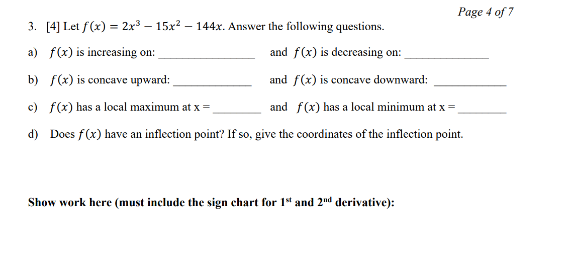 Solved 3. [4] Let f(x)=2x3−15x2−144x. Answer the following | Chegg.com