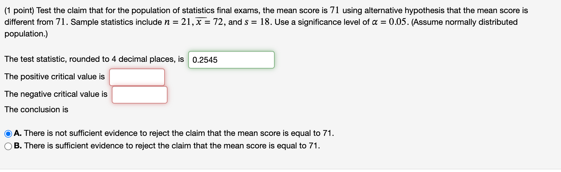 Solved (1 point) Test the claim that for the population of | Chegg.com