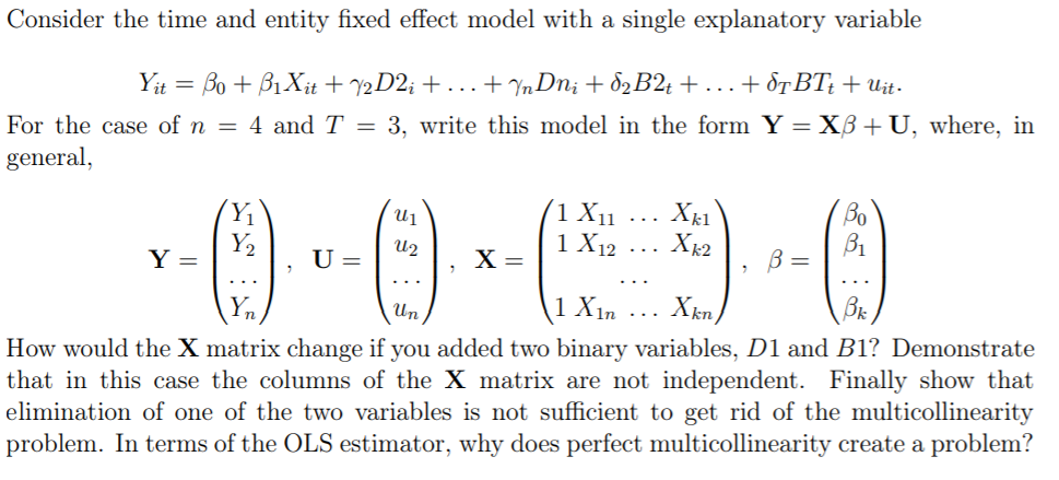 Solved Consider the time and entity fixed effect model with | Chegg.com