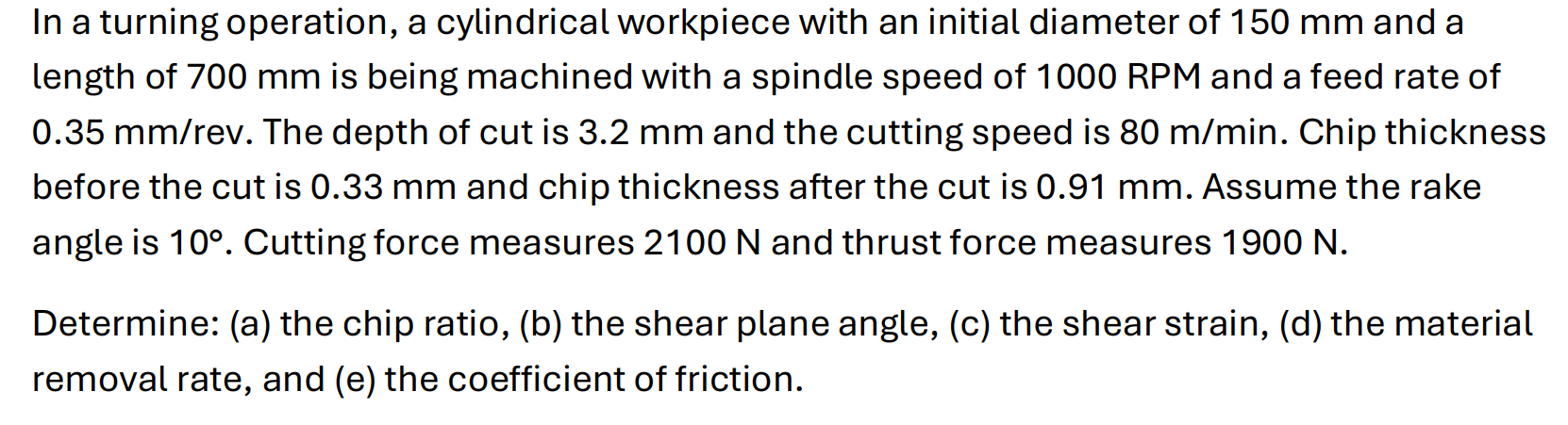 Solved In a turning operation, a cylindrical workpiece with | Chegg.com