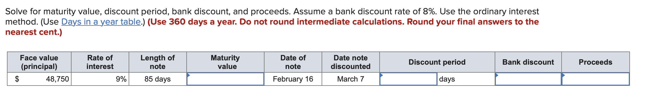 Solved olve for maturity value, discount period, bank | Chegg.com