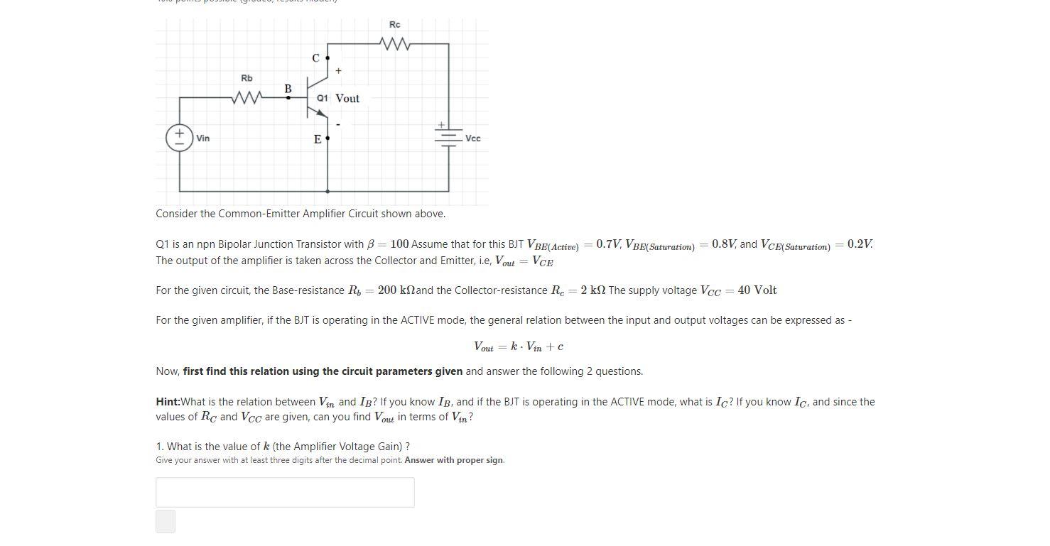 Solved Rc M Rb B w Q1 Vout + Vin E Vec Consider the | Chegg.com