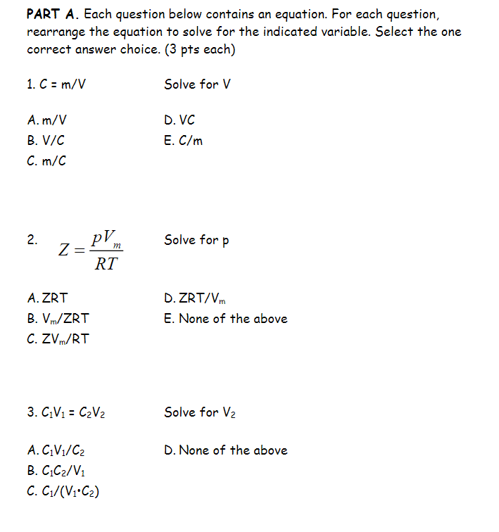Solved PART A. Each question below contains an equation. For | Chegg.com