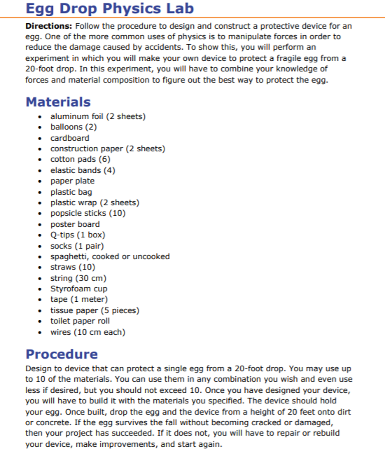 Solved Egg Drop Physics Lab Directions: Follow the procedure | Chegg.com