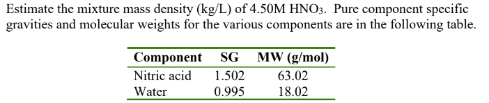 Solved Estimate the mixture mass density (kg/L) of | Chegg.com