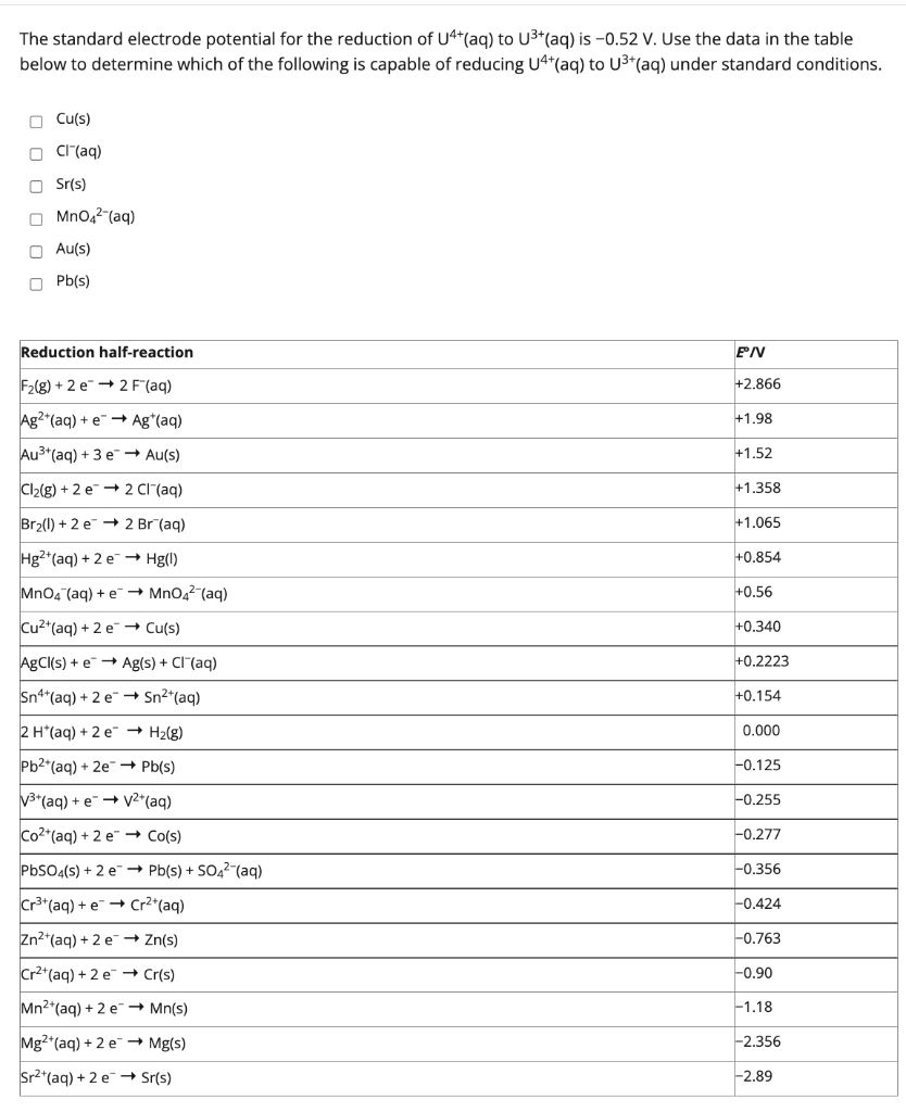 Solved The standard electrode potential for the reduction of | Chegg.com