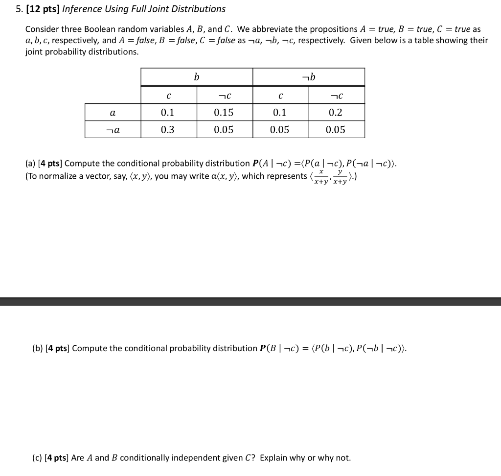 Solved 5. (12 pts) Inference Using Full Joint Distributions | Chegg.com