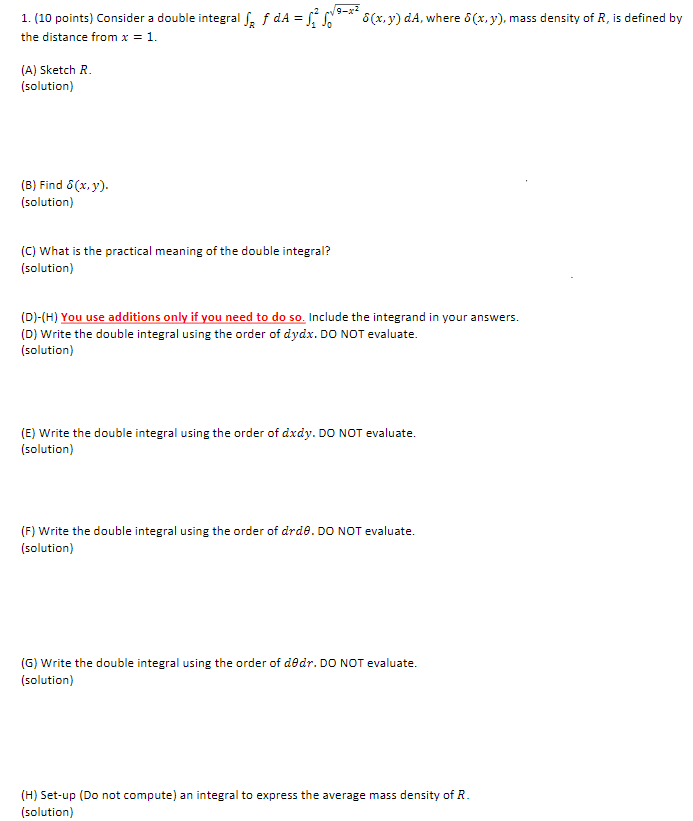 1. (10 points) Consider a double integral | Chegg.com