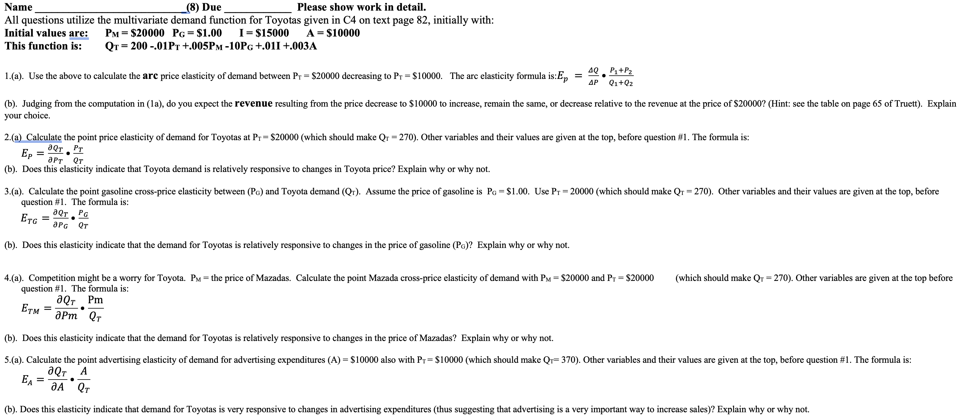 Solved Name(8) ﻿DuePlease show work in detail.All questions | Chegg.com