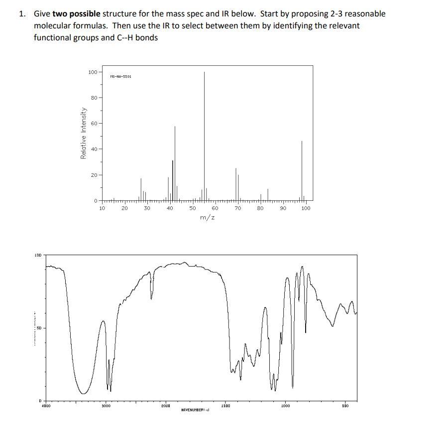 [Solved]: 1. Give two possible structure for the mass spec