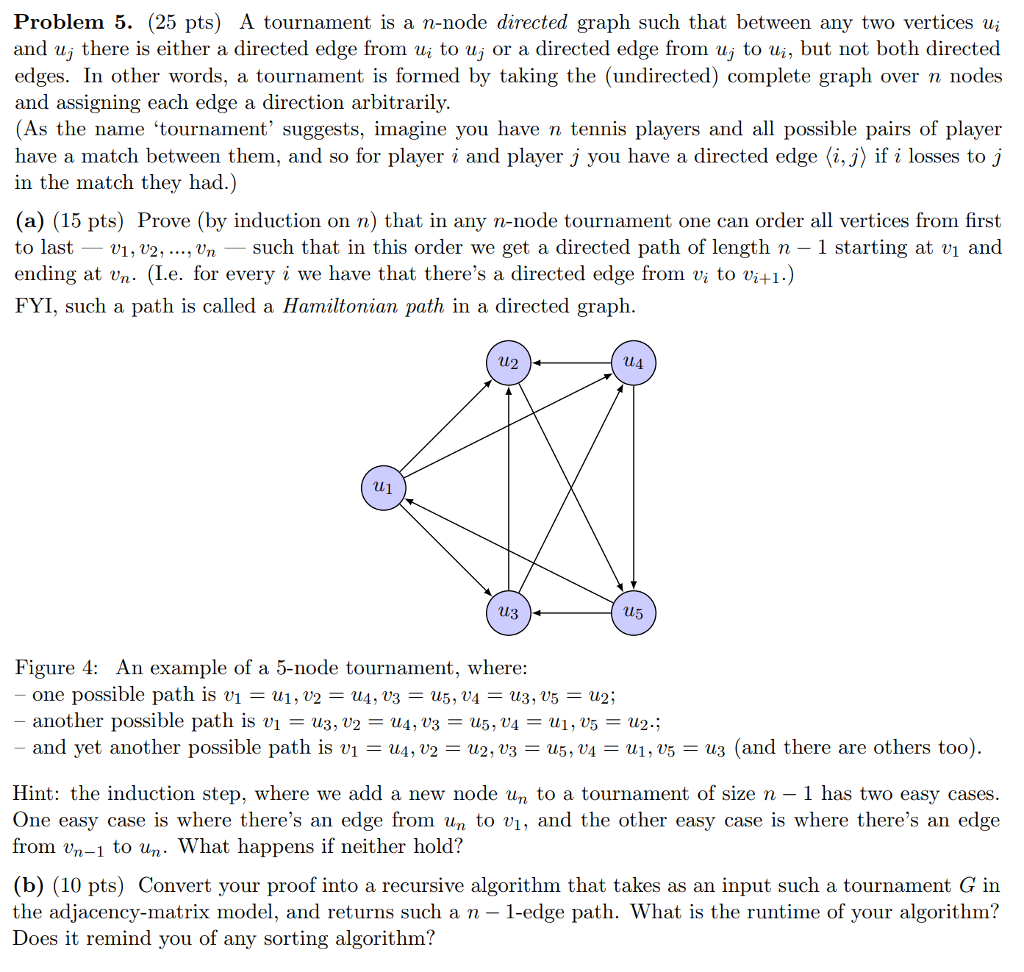 Problem 5. (25 pts) A tournament is a n-node directed | Chegg.com