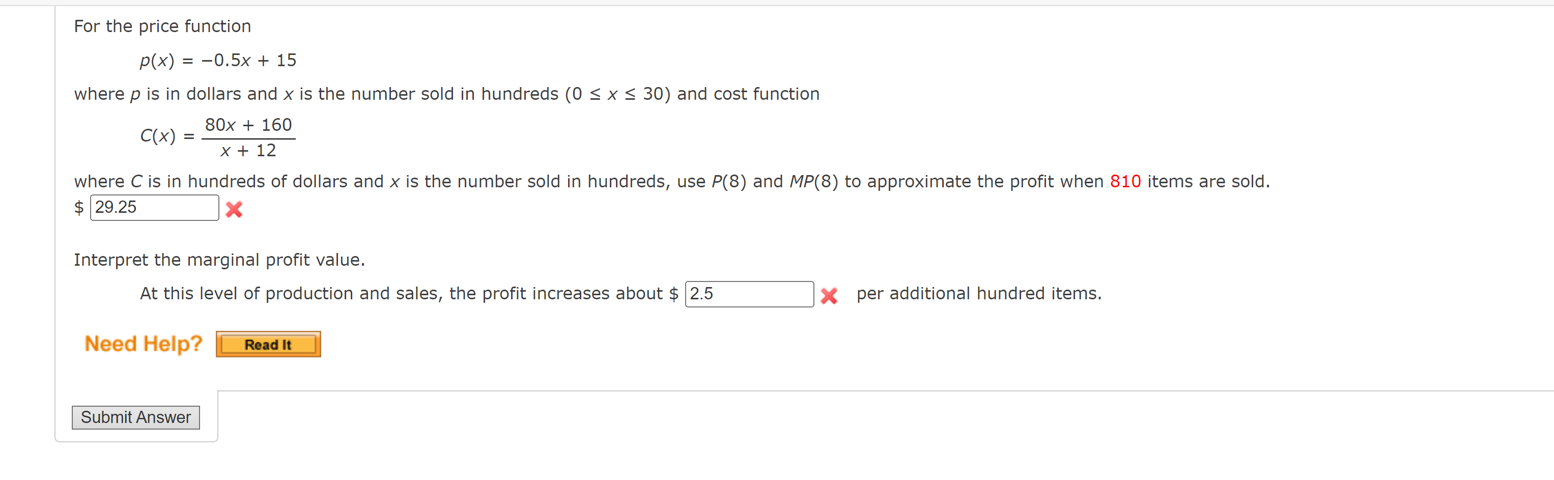 Solved For the price function p(x)=−0.5x+15 where p is in | Chegg.com