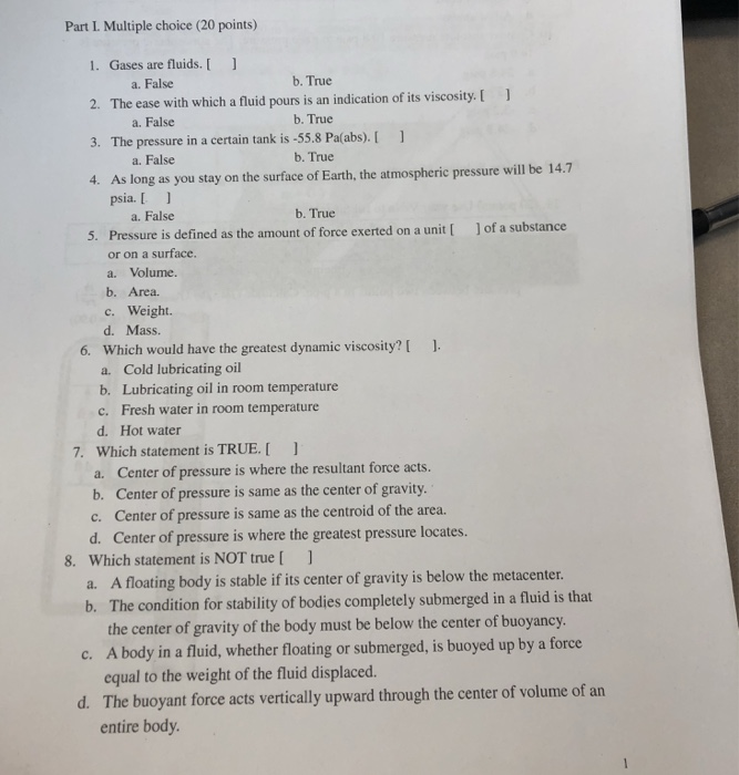 Solved Part I. Multiple choice (20 points) 1. Gases are | Chegg.com