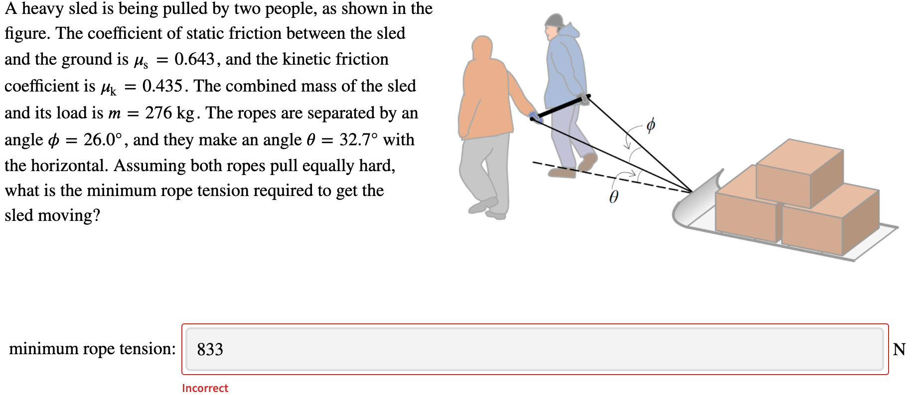 Solved A heavy sled is being pulled by two people, as shown | Chegg.com