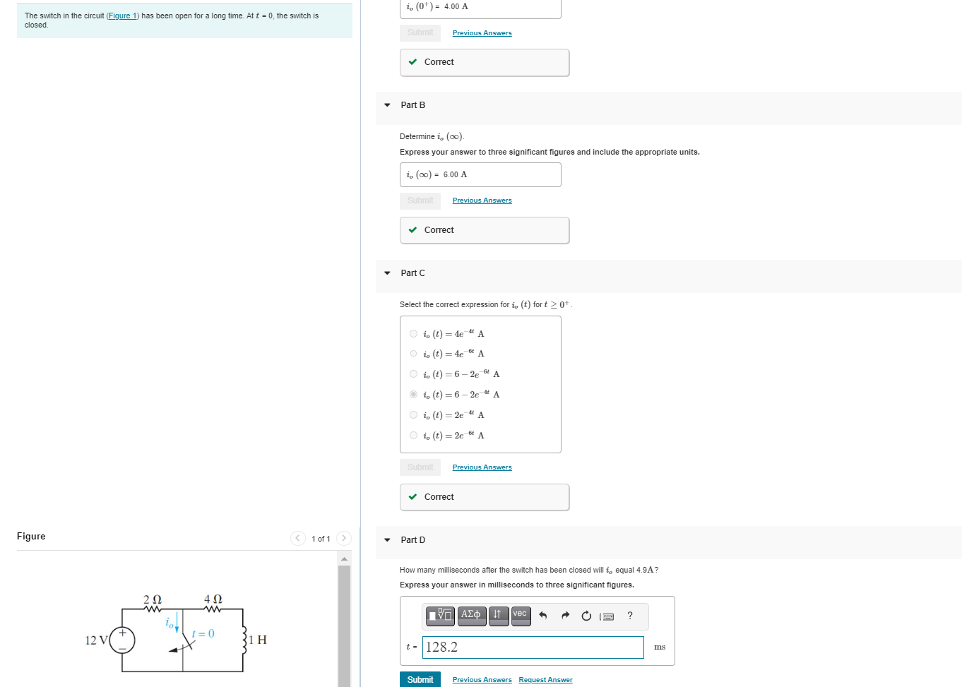 Solved The switch in the circuit (Figure 1) ﻿has been open | Chegg.com