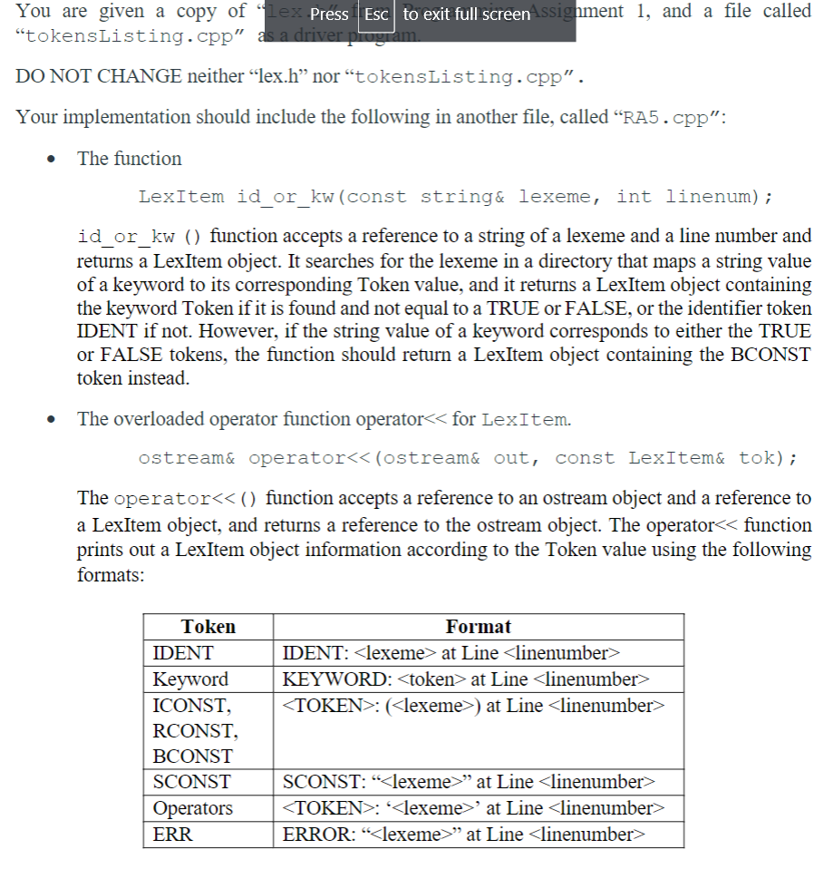 O NOT CHANGE neither "lex.h" nor "tokensListing. | Chegg.com