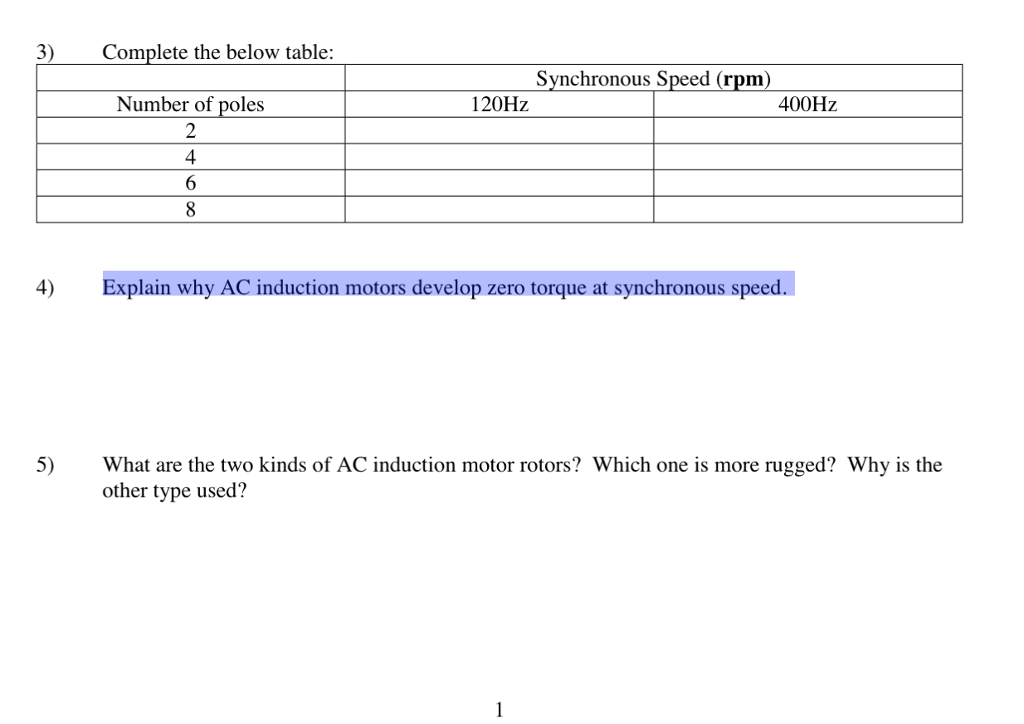 Solved 3)Complete the below table: Synchronous Speed (rpm) | Chegg.com