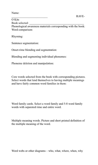 Name: RAVE- O Kits Book selected: Phonological | Chegg.com