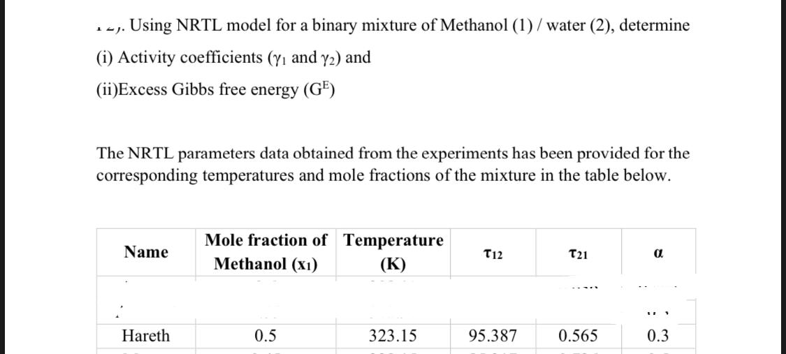 Solved -,. Using NRTL model for a binary mixture of Methanol | Chegg.com