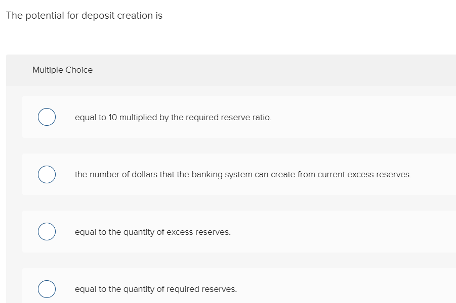 Solved The Potential For Deposit Creation Is Multiple Choice Chegg solved-the-potential-for-deposit-creation-is-multiple-choice-chegg
