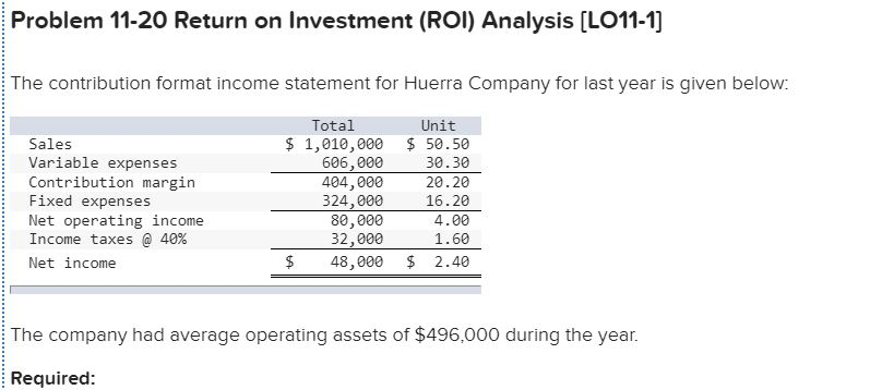 Solved Problem 11-20 Return on Investment (ROI) Analysis | Chegg.com