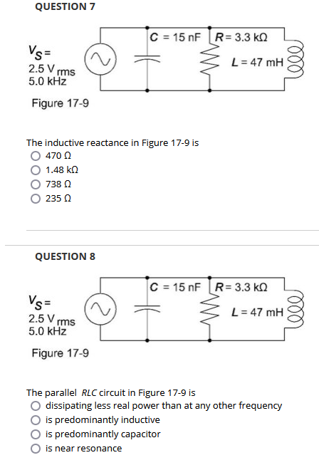 Solved QUESTION 3 C = 0.02 UF Vs L = 100 mH 10 Vrms 000 3.5 | Chegg.com