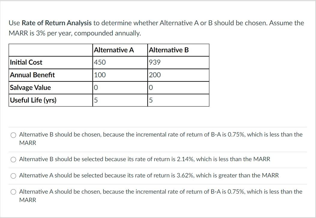 Solved Use Rate of Return Analysis to determine whether | Chegg.com