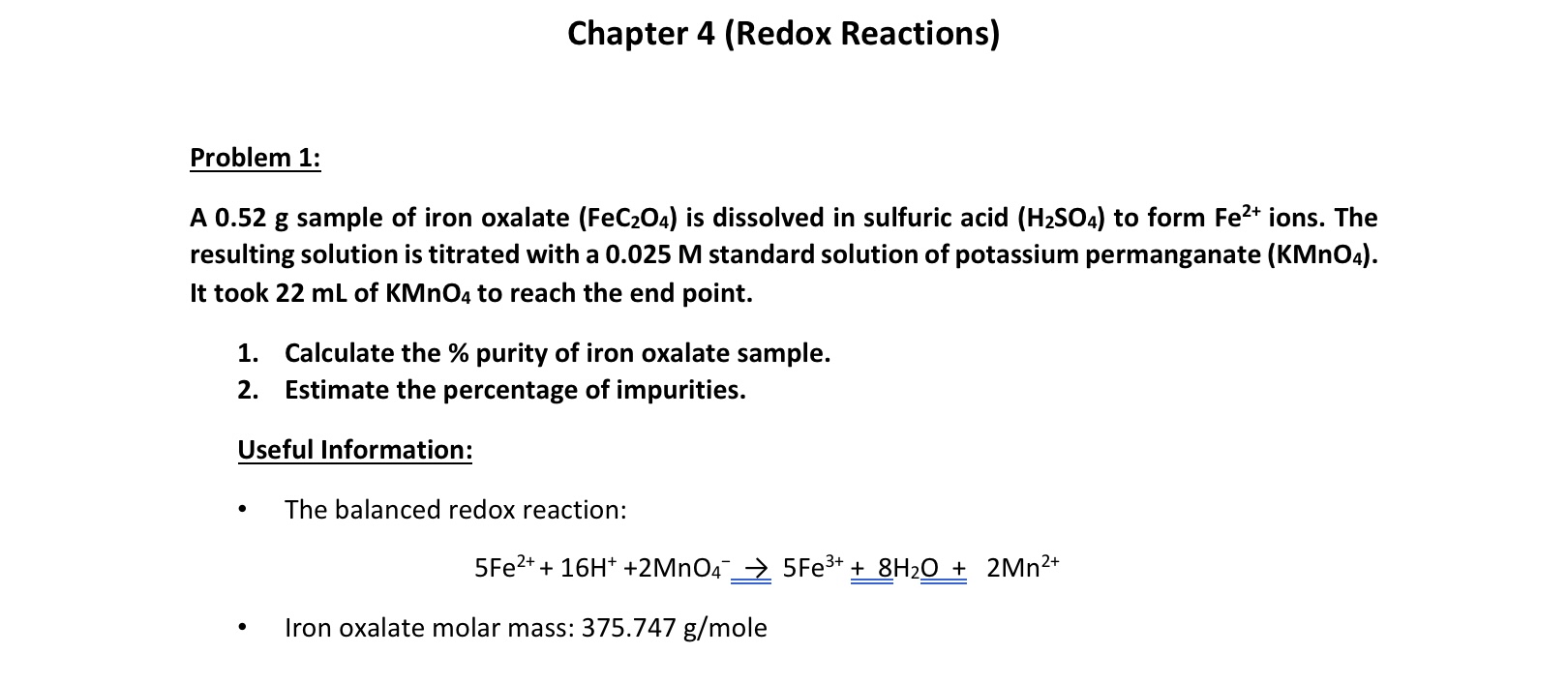 Solved Chapter 4 (Redox Reactions)Problem 1:A 0.52g ﻿sample | Chegg.com