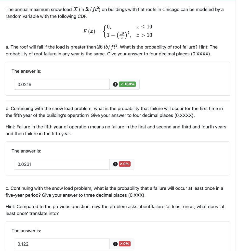 Solved The annual maximum snow load X (in lb/ft2 ) on | Chegg.com