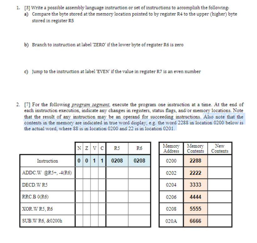 Solved 1. [3] Write a possible assembly language instruction | Chegg.com
