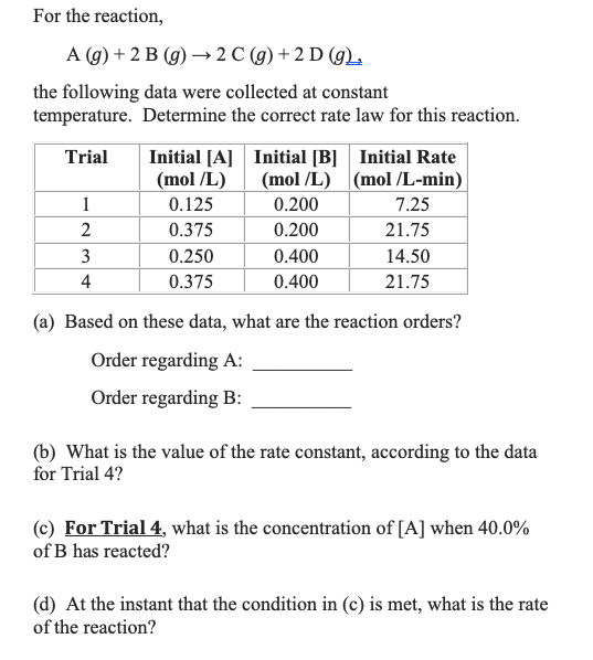 Solved For the reaction, A (9) + 2 B (g) →2C (g) + 2 D (9 | Chegg.com