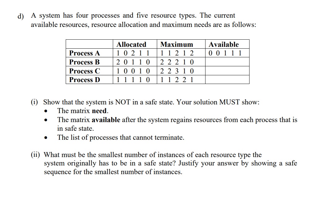 Solved d) A system has four processes and five resource | Chegg.com
