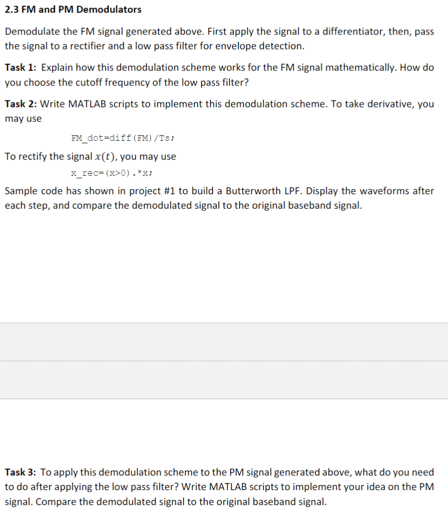 Solved matlab 2.3 ﻿FM and PM DemodulatorsDemodulate the FM | Chegg.com