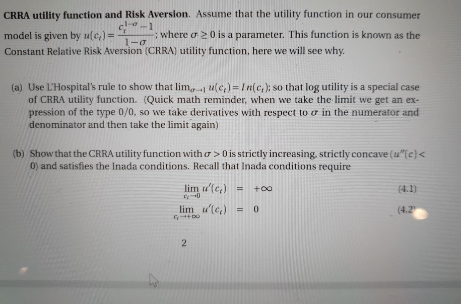 Solved CRRA utility function and Risk Aversion. Assume that | Chegg.com