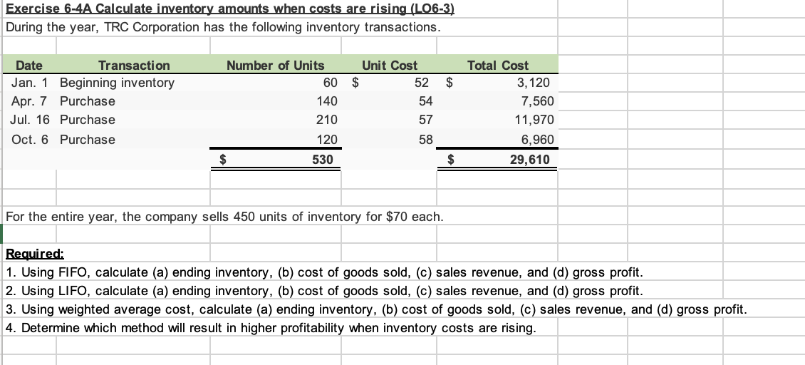 Solved Exercise 6-4A Calculate inventory amounts when costs | Chegg.com
