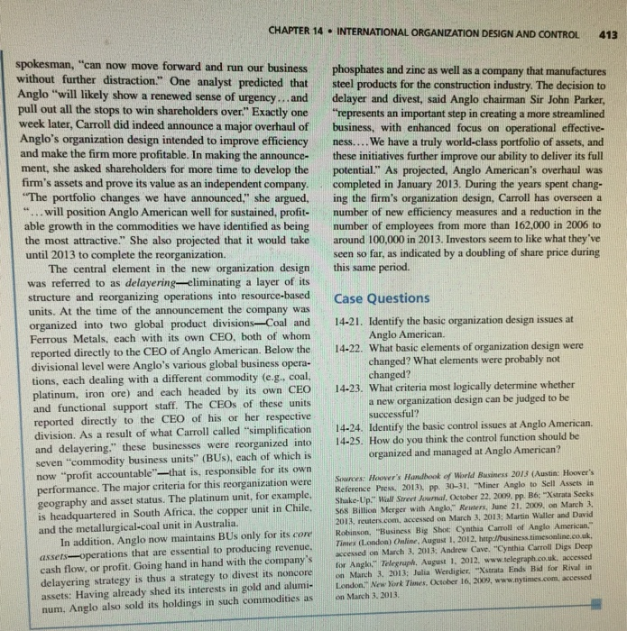 Solved 14-24. Identify the basic control issues at Anglo | Chegg.com