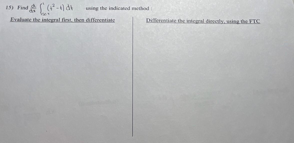 Solved 15) Find dxd∫cscx1(t2−t)dt using the indicated method | Chegg.com