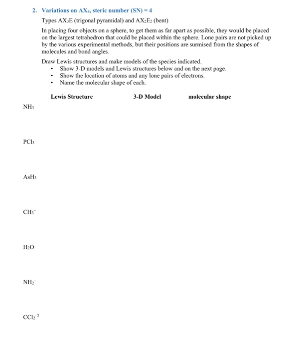 Solved 2. Variations on AX steric number (SN)-4 Types AXsE | Chegg.com
