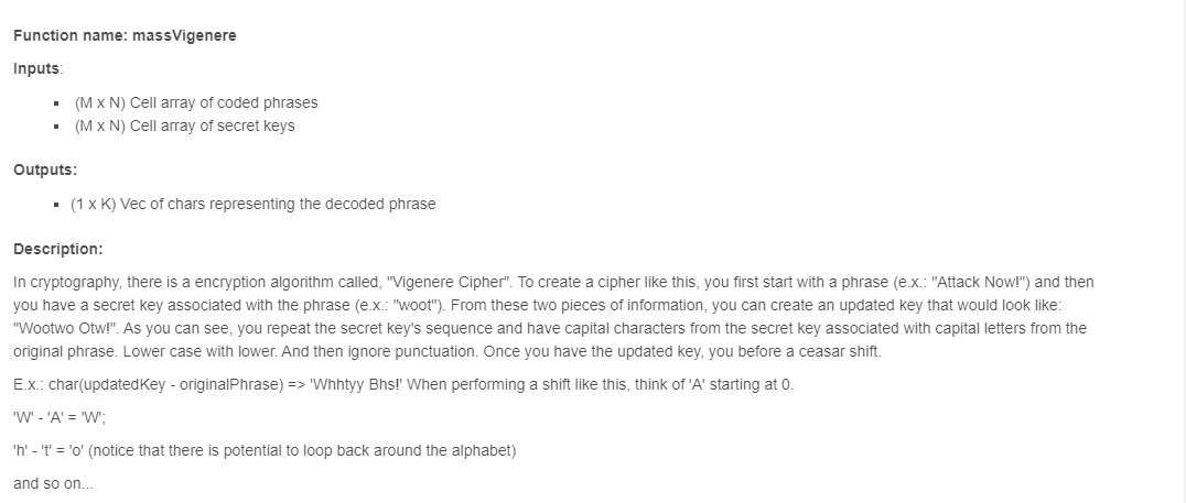 Solved Function name: massVigenere Inputs: - (M×N) Cell | Chegg.com
