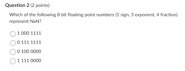 Solved Which of the following 8 bit floating point numbers ( | Chegg.com