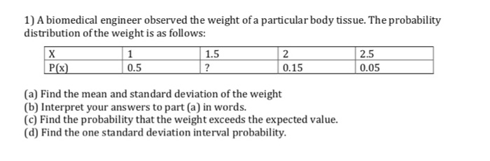 Solved 1) A biomedical engineer observed the weight of a | Chegg.com
