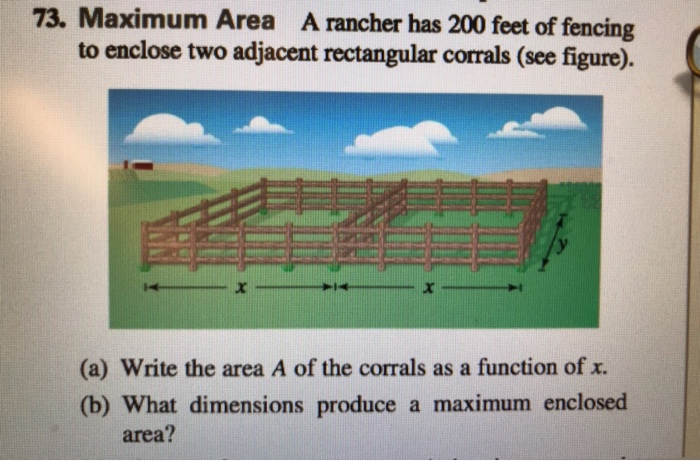 Solved 73. Maximum Area A rancher has 200 feet of fencing to | Chegg.com