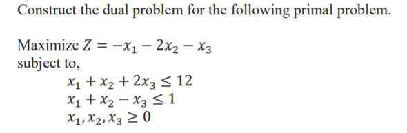 Solved Construct the dual problem for the following primal | Chegg.com