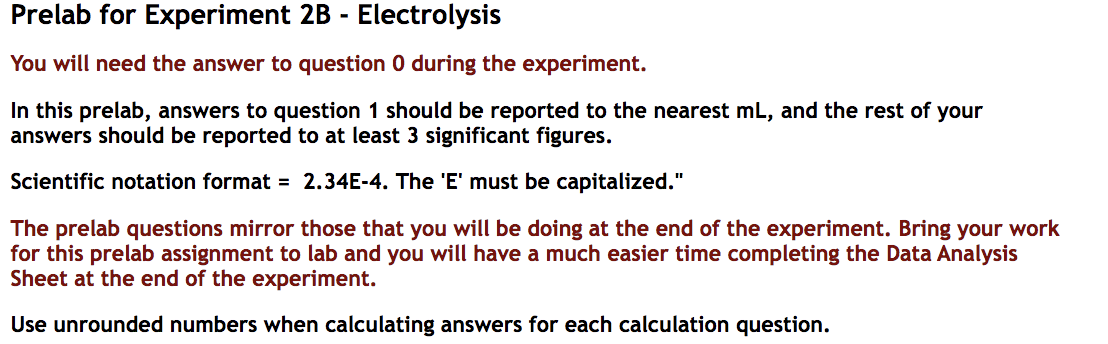 Solved Prelab for Experiment 2B - Electrolysis You will need | Chegg.com